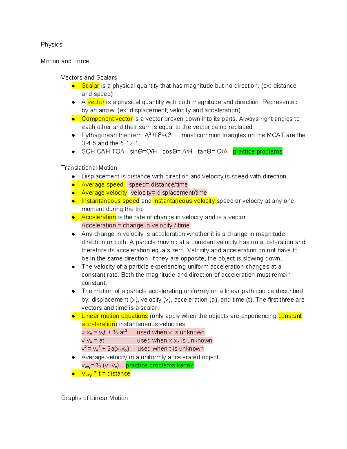 MCAT Physics: Motion, Force, Vectors, and Energy Concepts - Studocu