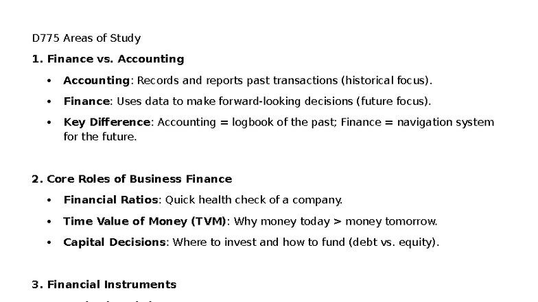 D775 Primary Areas of Study: Finance vs. Accounting and Key Concepts ...