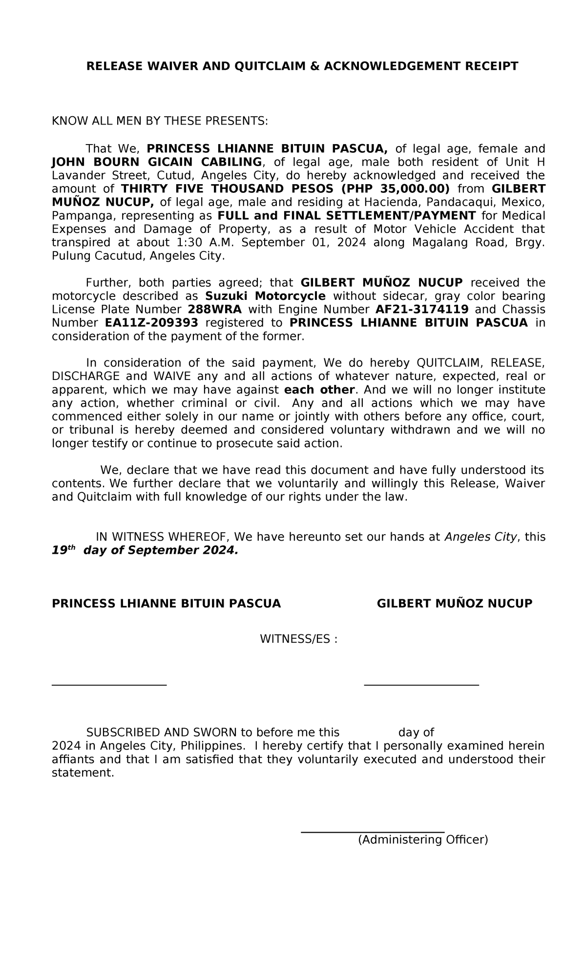 Release waiver and quitclaim acknowledgment receipt - Studocu