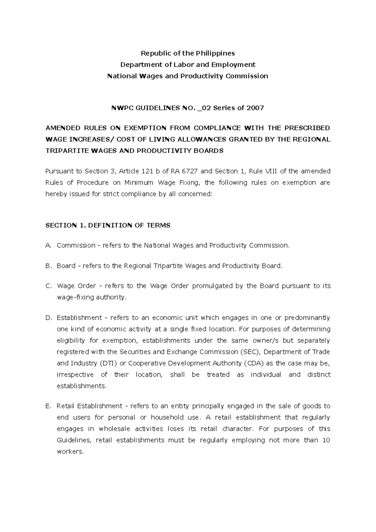 NWPC Guidelines No. 02, Series of 2007 on Wage Increase Exemptions ...