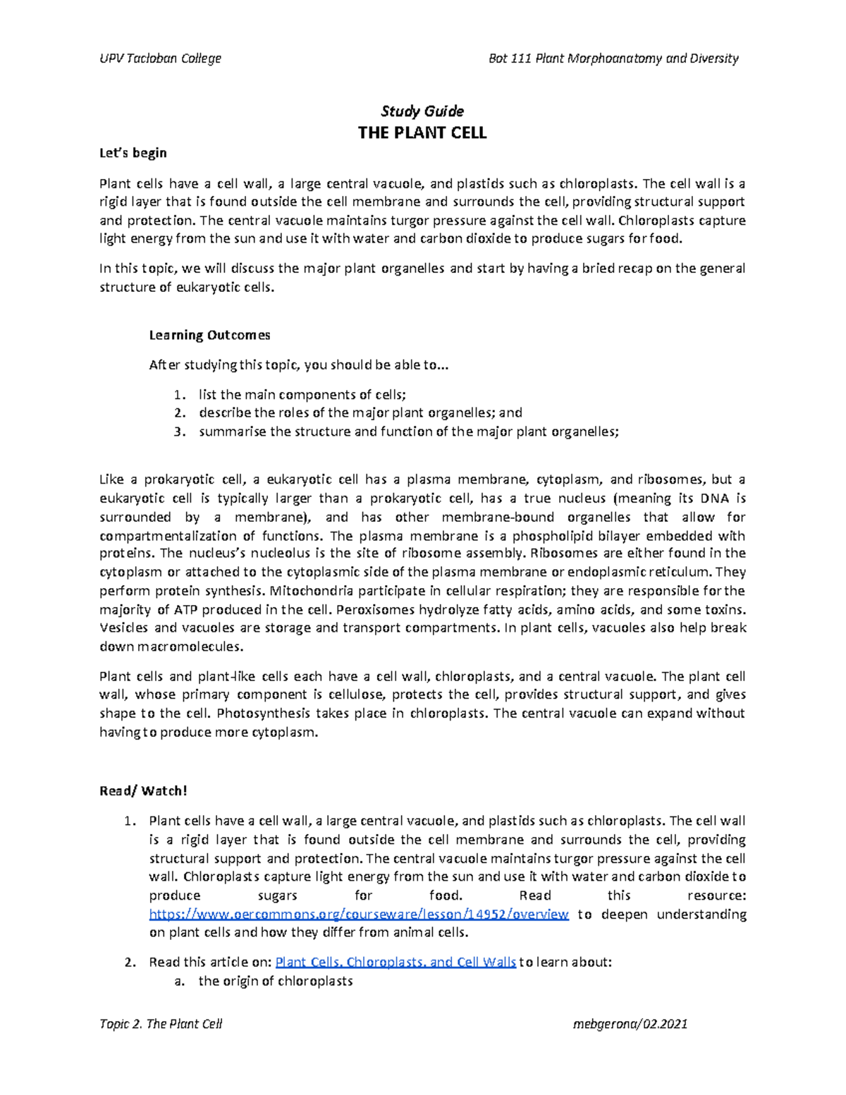 BOT111-WEEK2-Study Guide: Understanding the Plant Cell Structure - Studocu