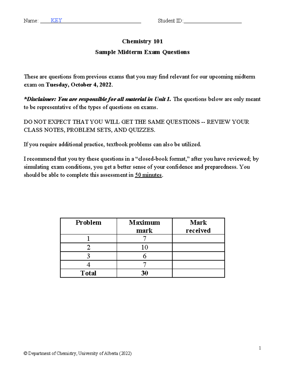 Chemistry 101: Sample Midterm Exam Questions & Key - Studocu