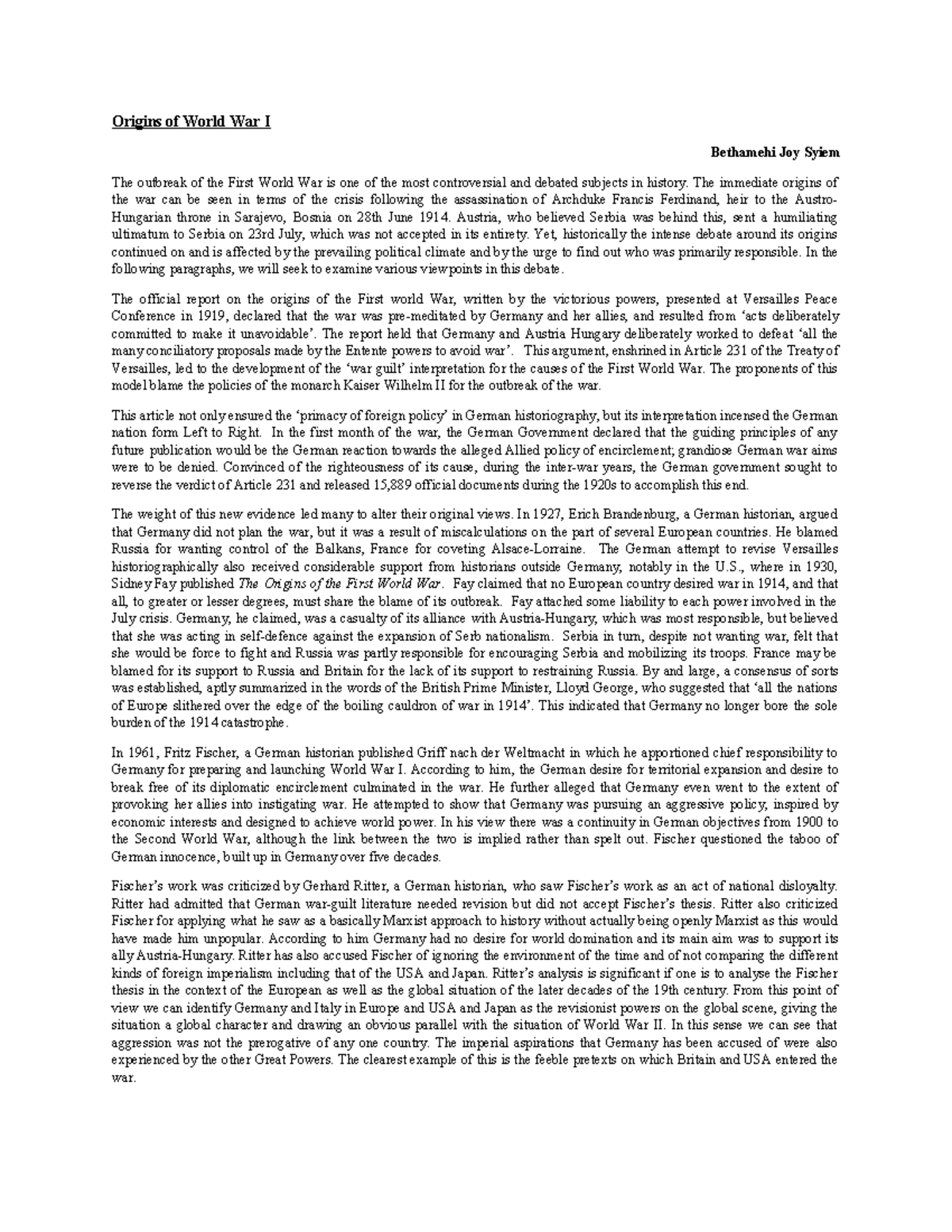 Historiography of World War I: The Origins and Controversies - Studocu