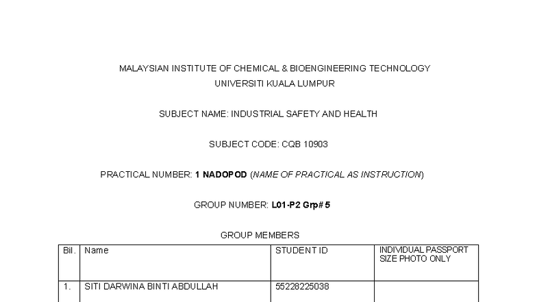 NADOPOD Report for Industrial Safety & Health CQB 10903 - Group 5 - Studocu