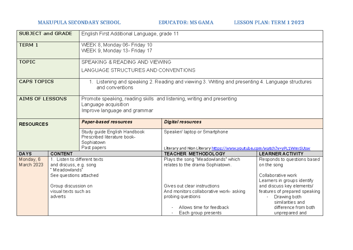 English FAL Gr 11 Term 1 Week 8 & 9 Lesson Plan Overview - Studocu