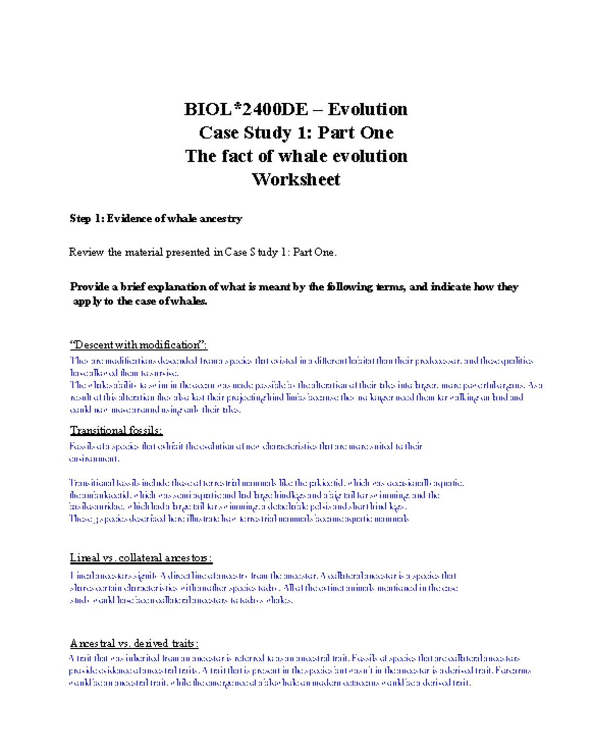Case Study 1 Part One worksheet - BIOL*2400DE – Evolution Case Study 1 ...