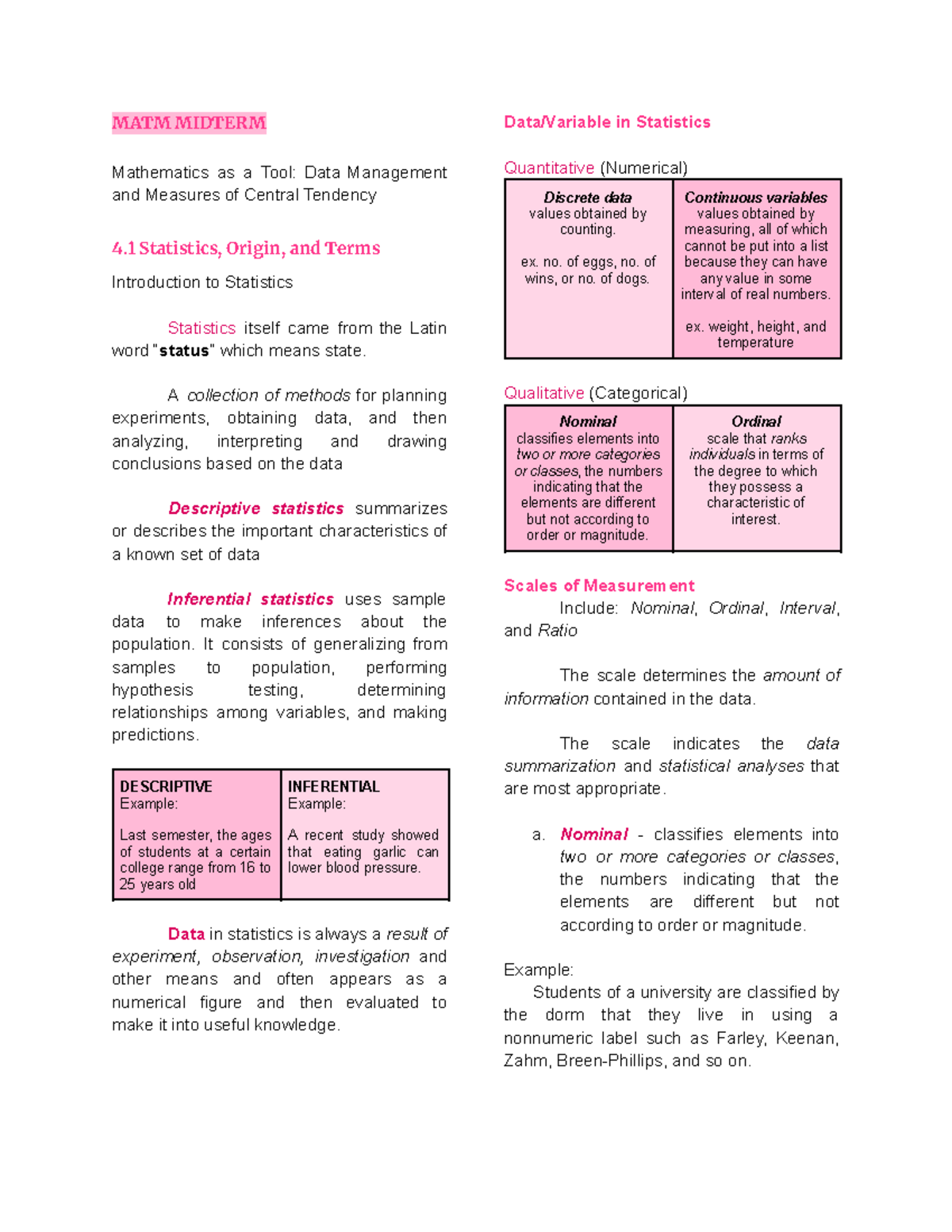 MATM MIDTERM: Statistics - Data Management & Central Tendency - Studocu