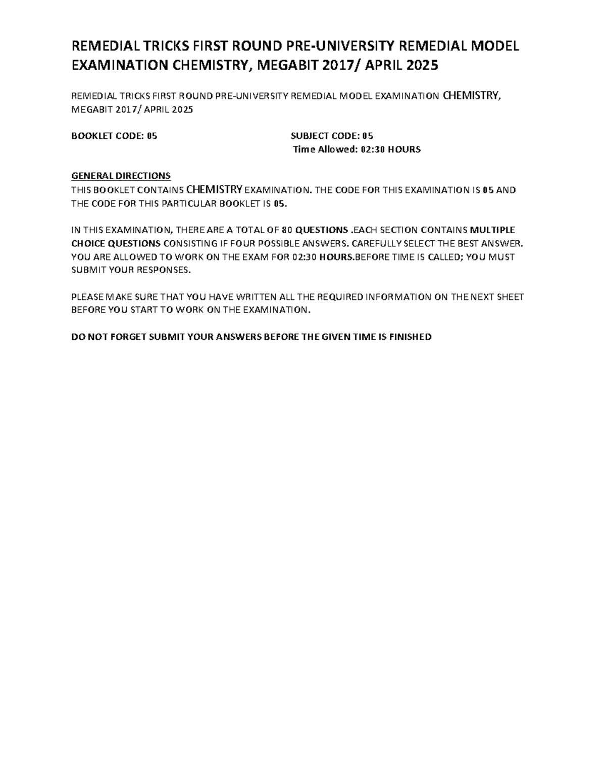 CHEM 05 Remedial Model Exam April 2025 - First Round Guide - Studocu