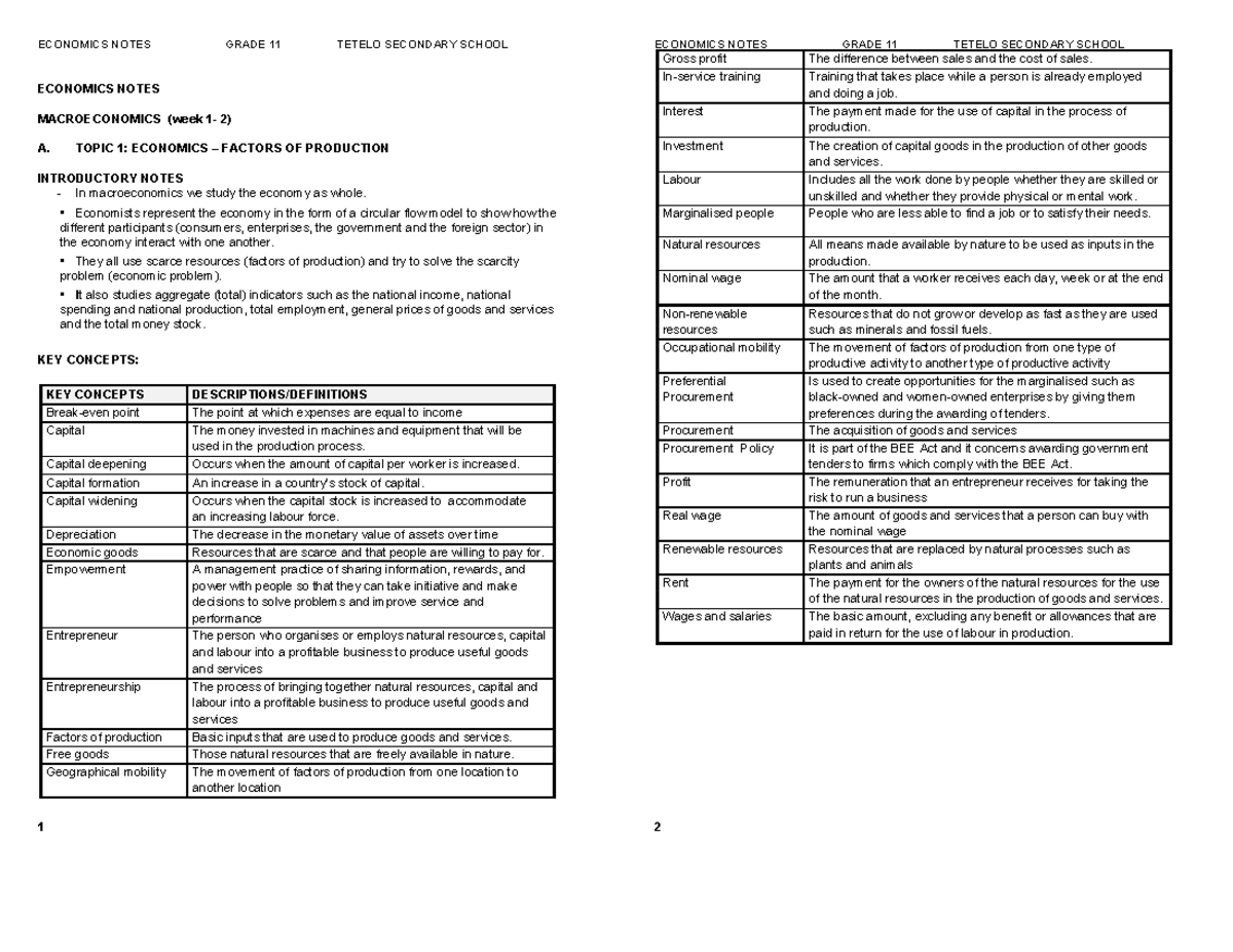 ECON 11: Comprehensive Notes on Economic Factors & Systems - Studocu