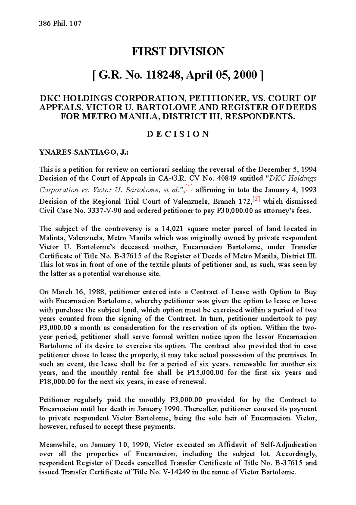 DKC Holdings Corp vs. CA G.R. No. 118248 Decision Analysis - April 5 ...