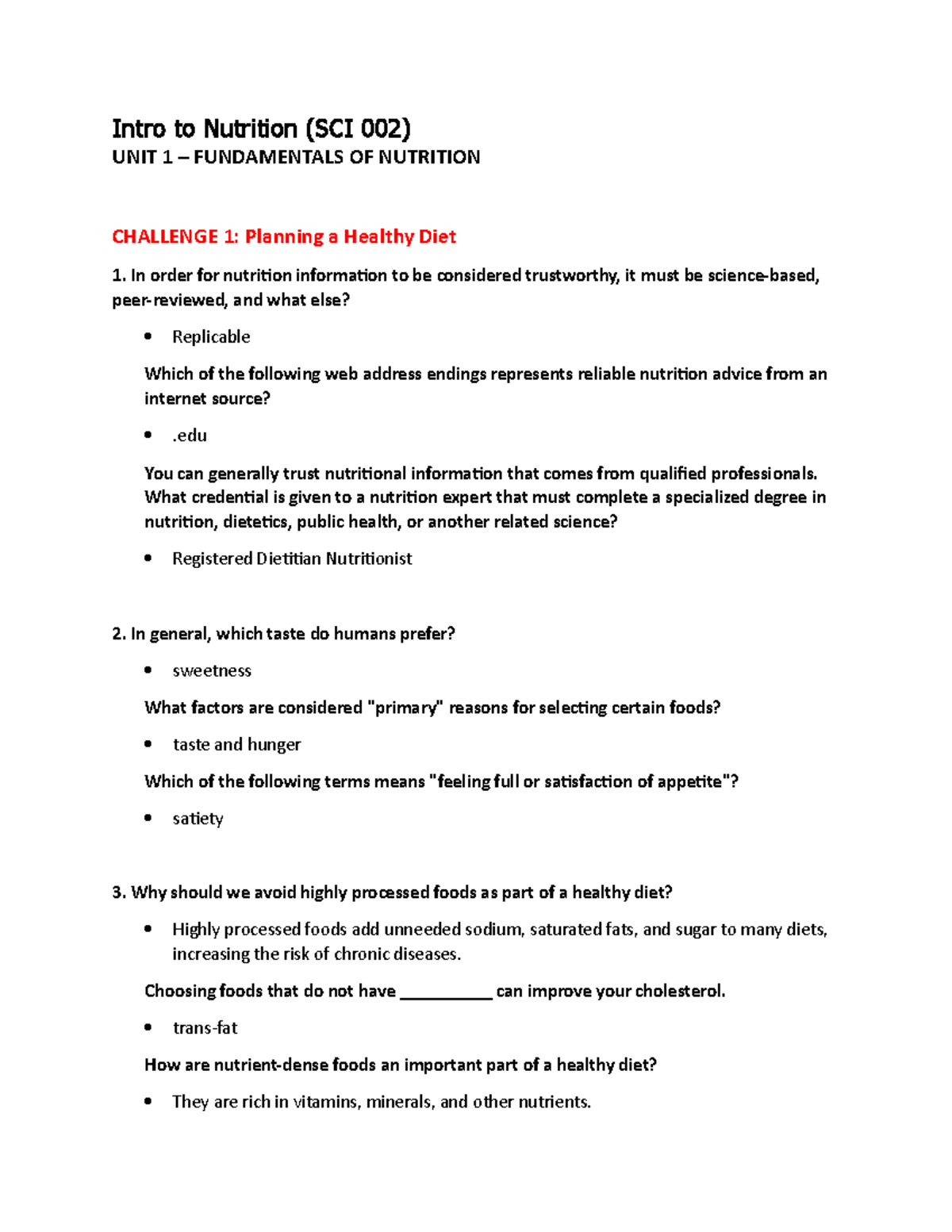 Intro to Nutri-SCI 002- Unit 1 - Intro to Nutrition (SCI 002 ) UNIT 1 ...