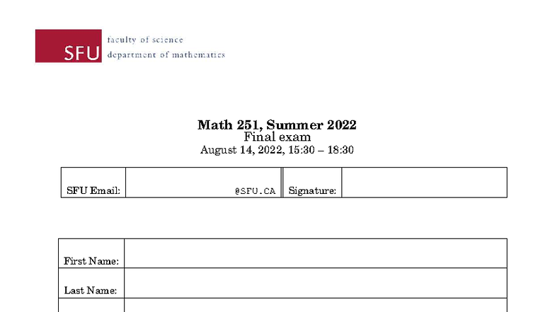 Math 251, Summer 2022 Final Exam Answers and Solutions - Studocu