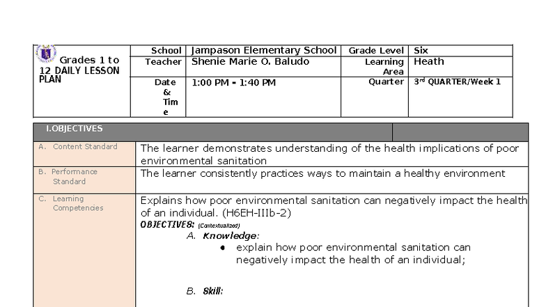 Health 6 Quarter 3 Week 1 Lesson Plan: Environmental Sanitation Impact ...