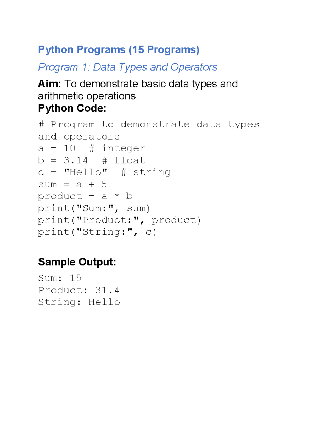 Python Programming Basics: 15 Essential Programs and SQL Queries - Studocu