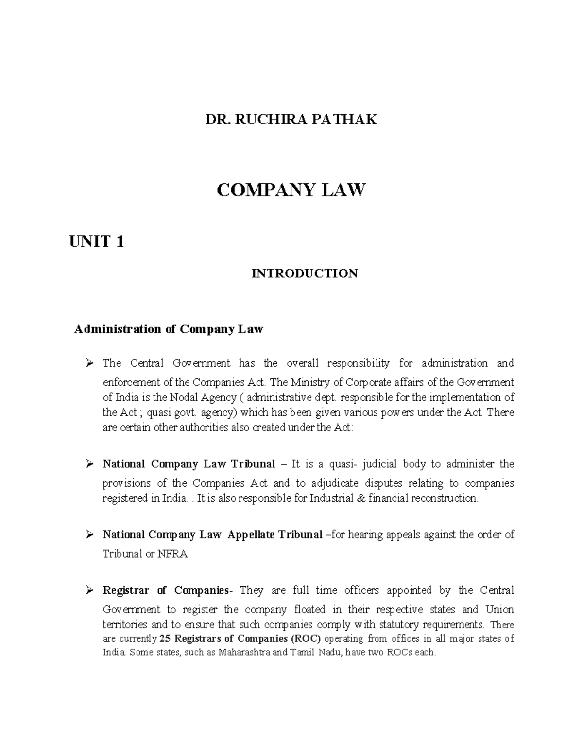 Company Law 2023: Unit 1 - Introduction to Company Administration - Studocu