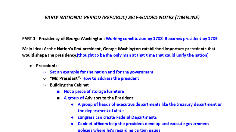 Early National Period (REPUBLIC) Guided Notes Timeline: Washington to ...