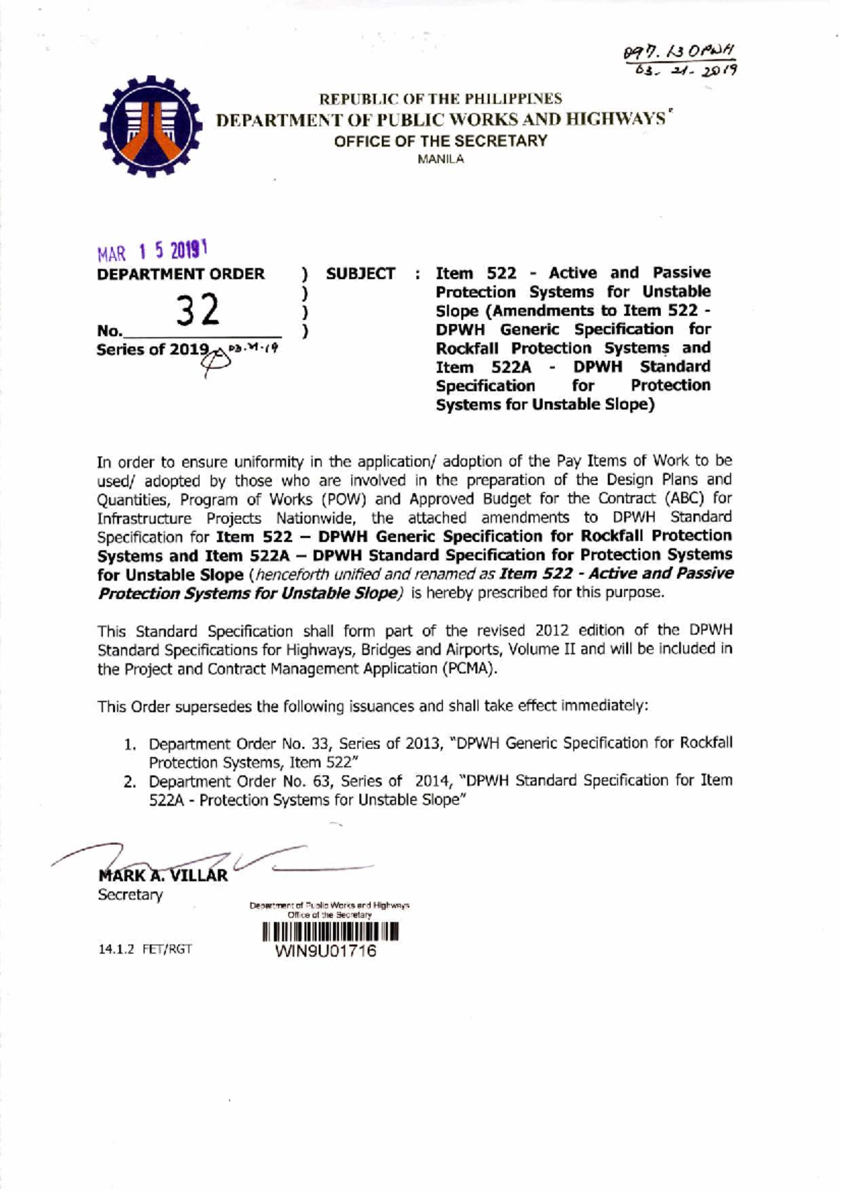 DPWH Department Order 32: Item 522 Active & Passive Protection Systems ...