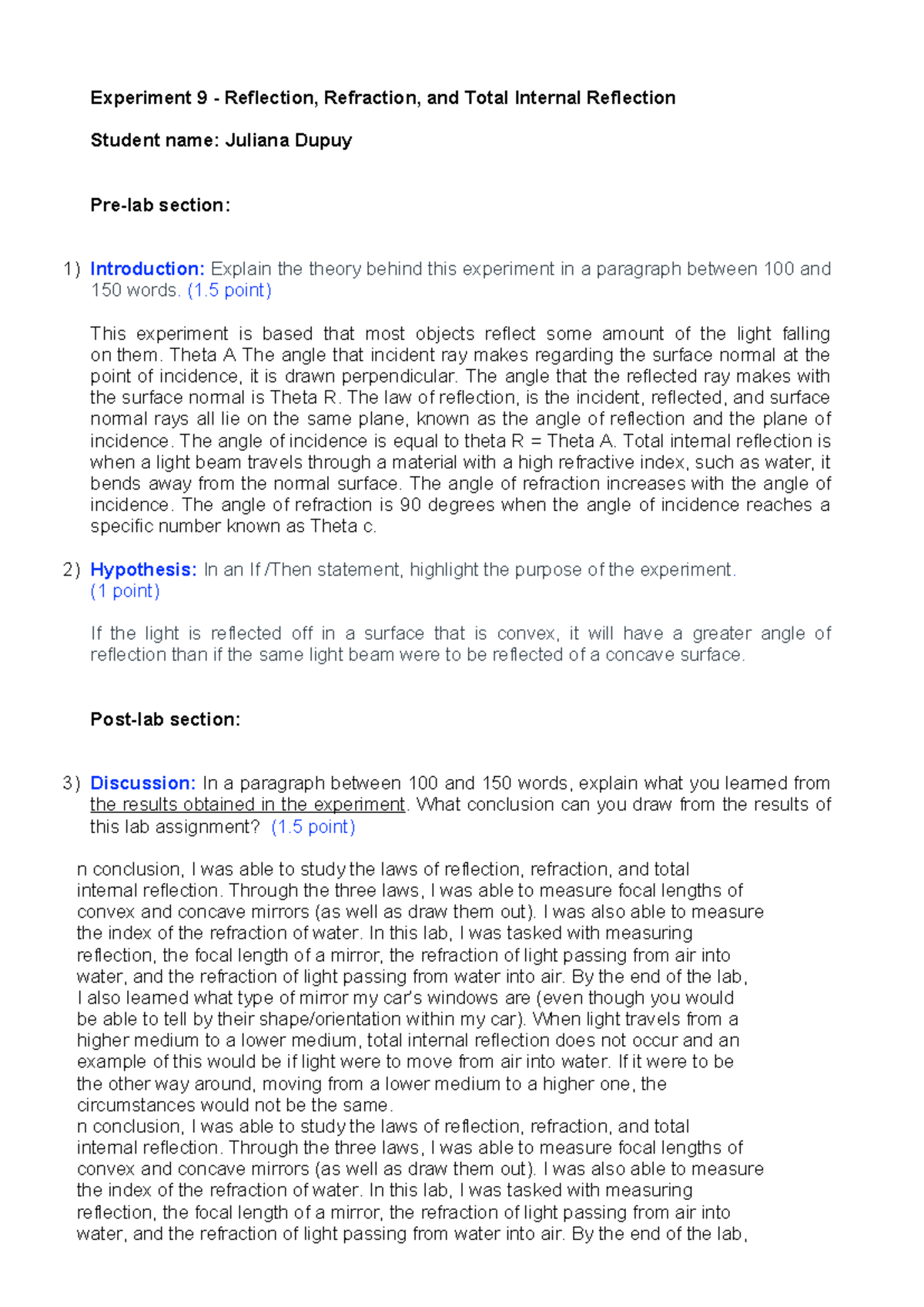 Experiment 9-1: Reflection, Refraction, and Total Internal Reflection Analysis - Studocu