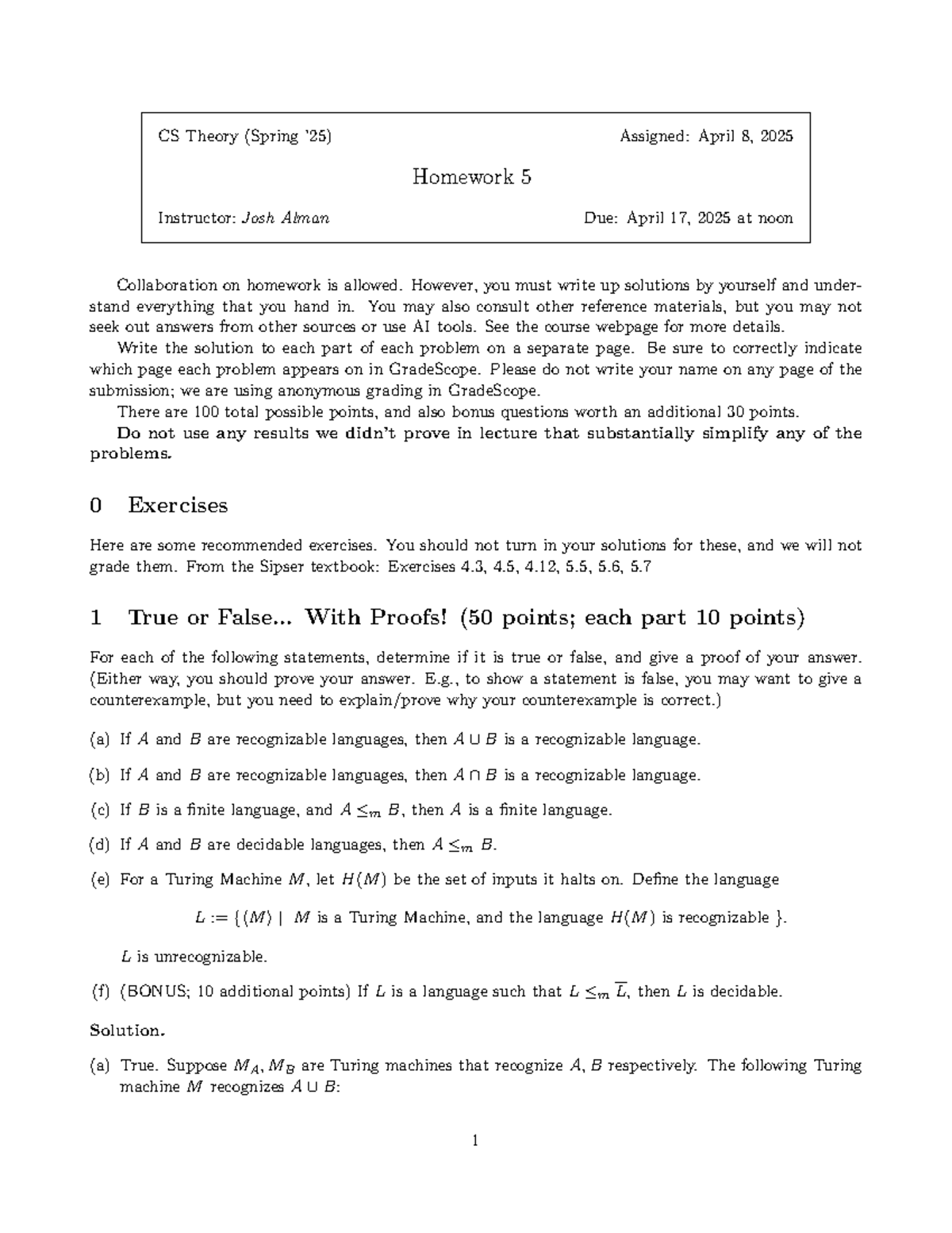 Final Exam Solutions for CS Theory (CS 101) - Homework 5 - Studocu