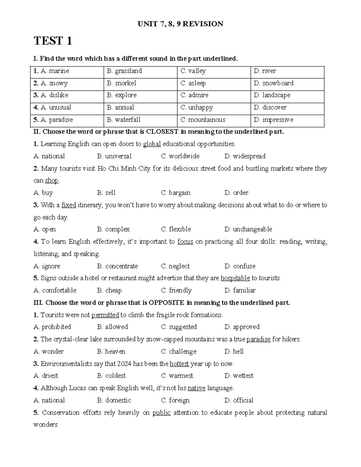 UNIT 7, 8, 9 REVISION TEST 1 & 2: Vocabulary & Grammar Practice - Studocu