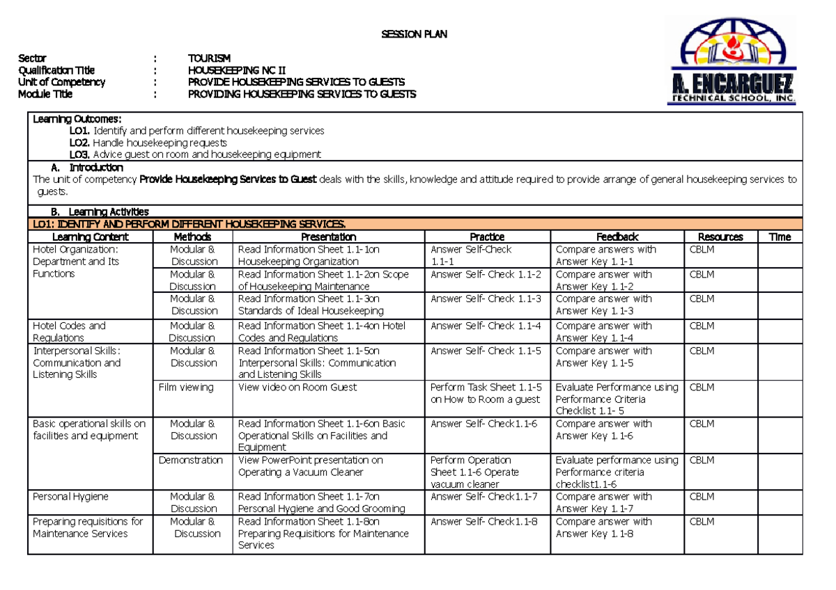 Session Plan 1: Housekeeping Services to Guests - Tourism NC II - Studocu