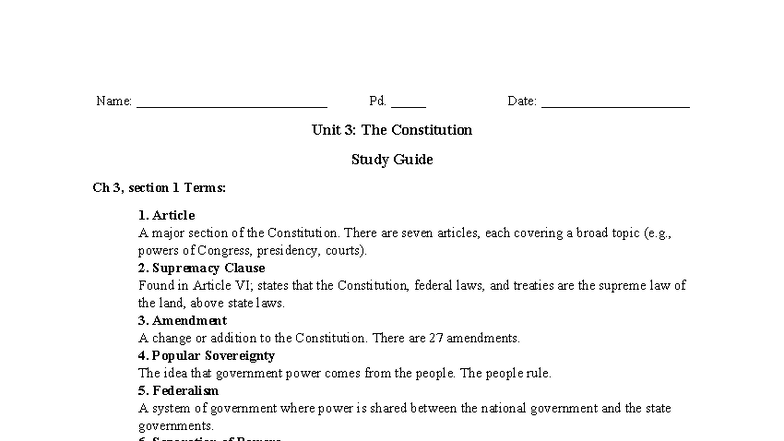 Study Guide for Unit 3: The Constitution - Key Terms & Concepts - Studocu