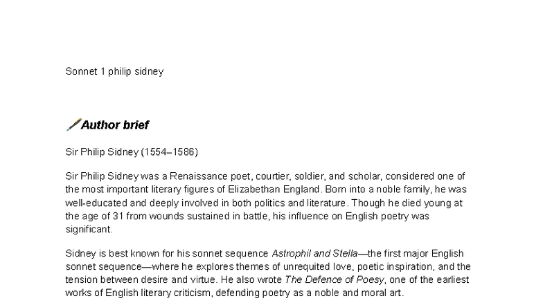 Sonnet 1 by Sir Philip Sidney - Analysis & Notes - Studocu