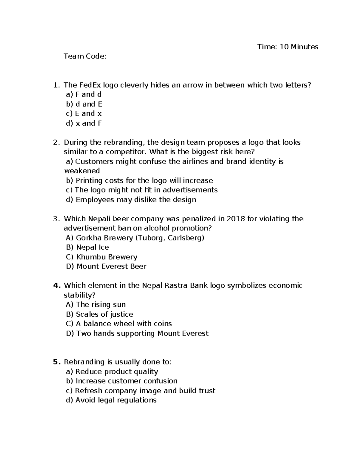 Marketing Quiz: Brand Identity & Logo Design (Course Code: MKT101 ...