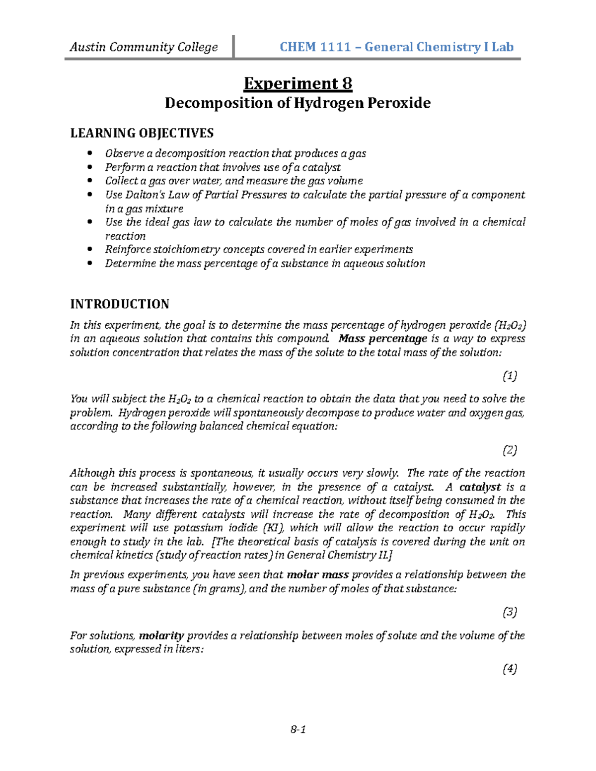 Experiment 8: Decomposition of Hydrogen Peroxide and Gas Collection ...