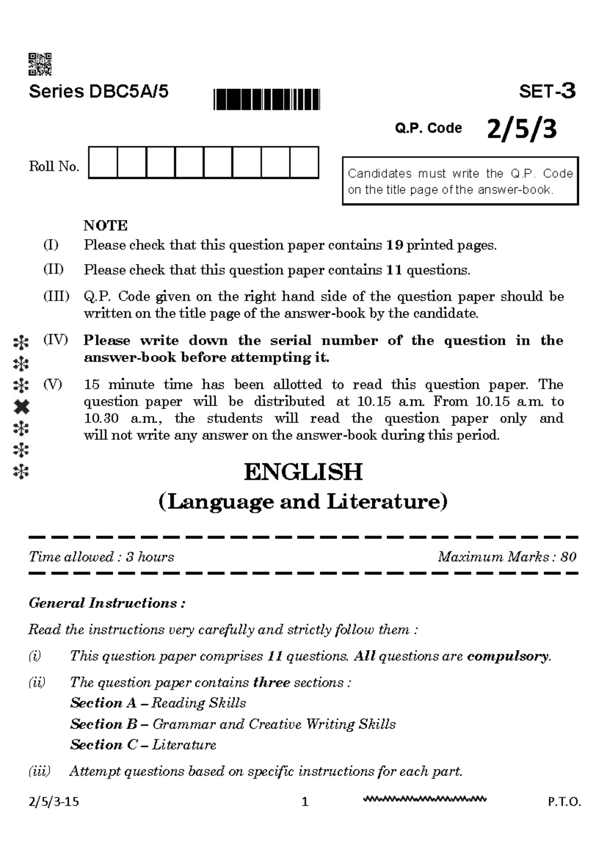 English L & L - Final Exam Question Paper with Instructions and ...