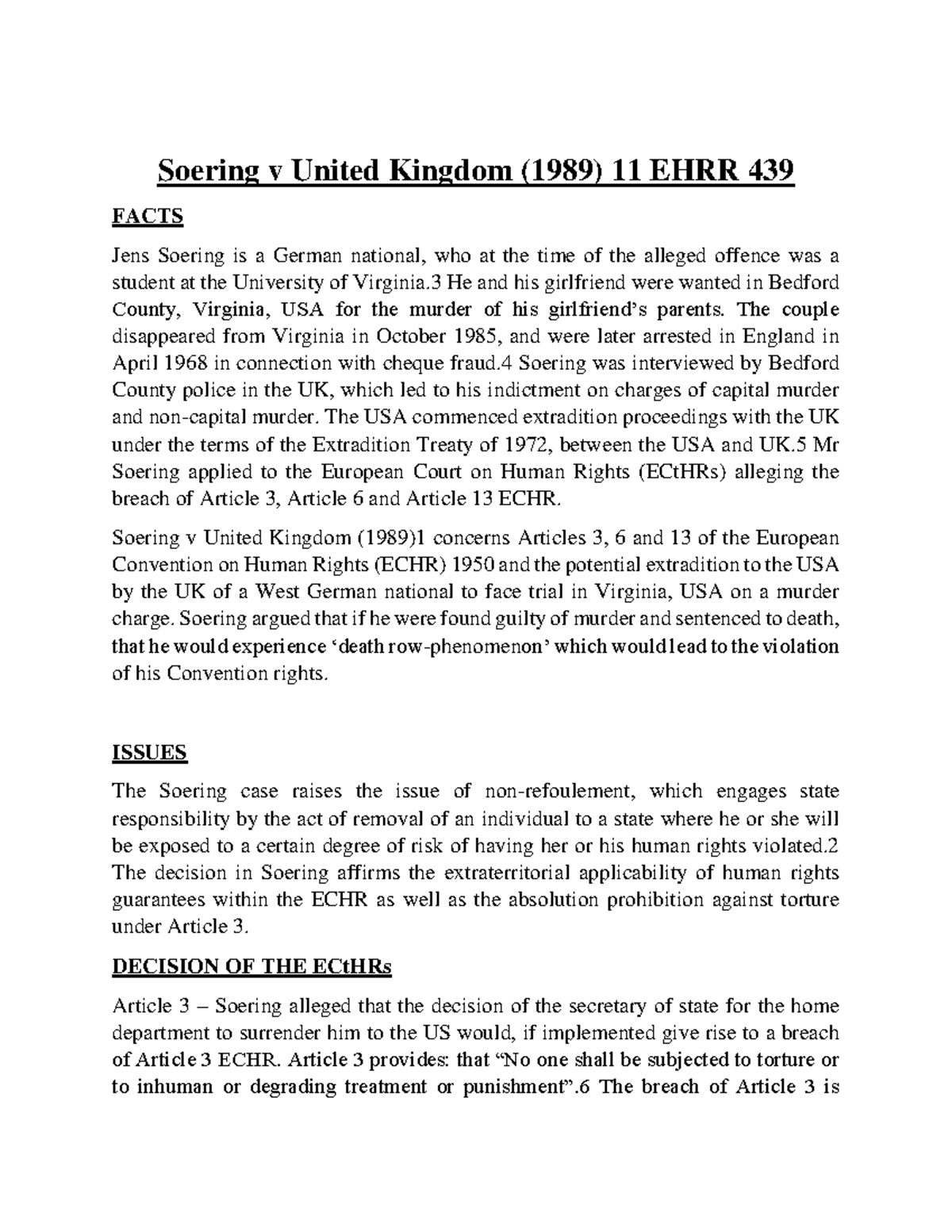 Soering v UK (1989) 11 EHRR 439: A Human Rights Case Analysis - Studocu