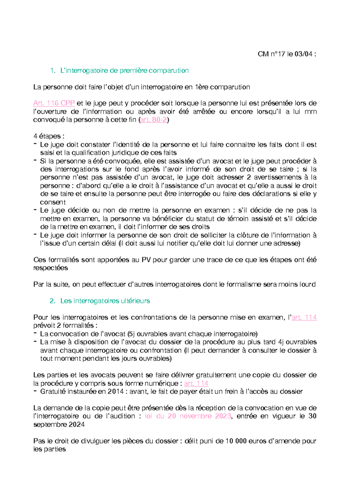 CM PP : Notes de Cours sur la Procédure Pénale - 1ère Comparution et ...