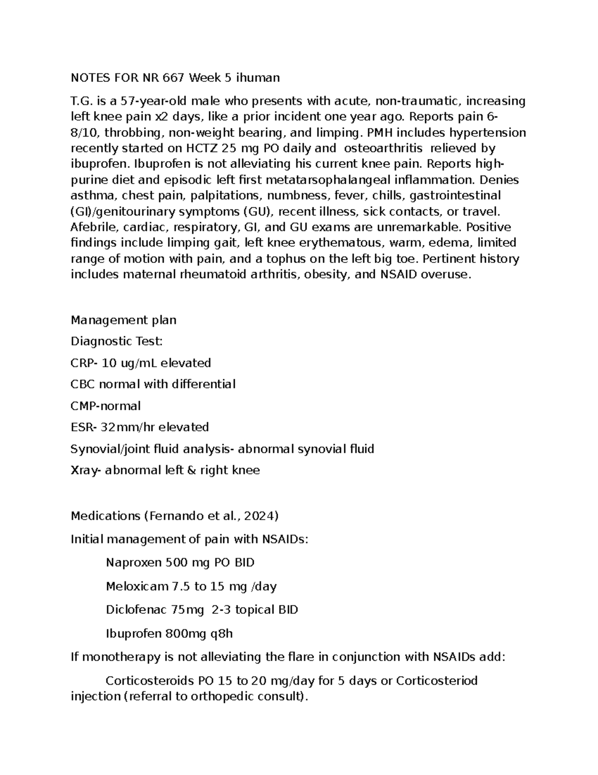 NR 667 Week 5 Gout Management: Patient Case Study Notes - Studocu