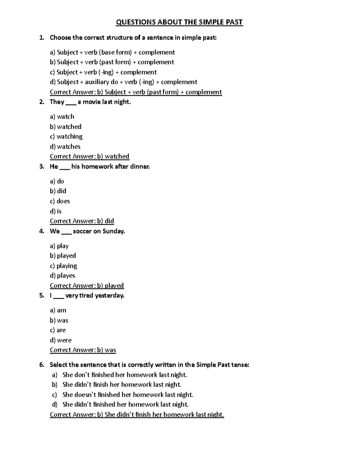 Simple Past Quiz: Questions and Answers on Tense Usage - Studocu