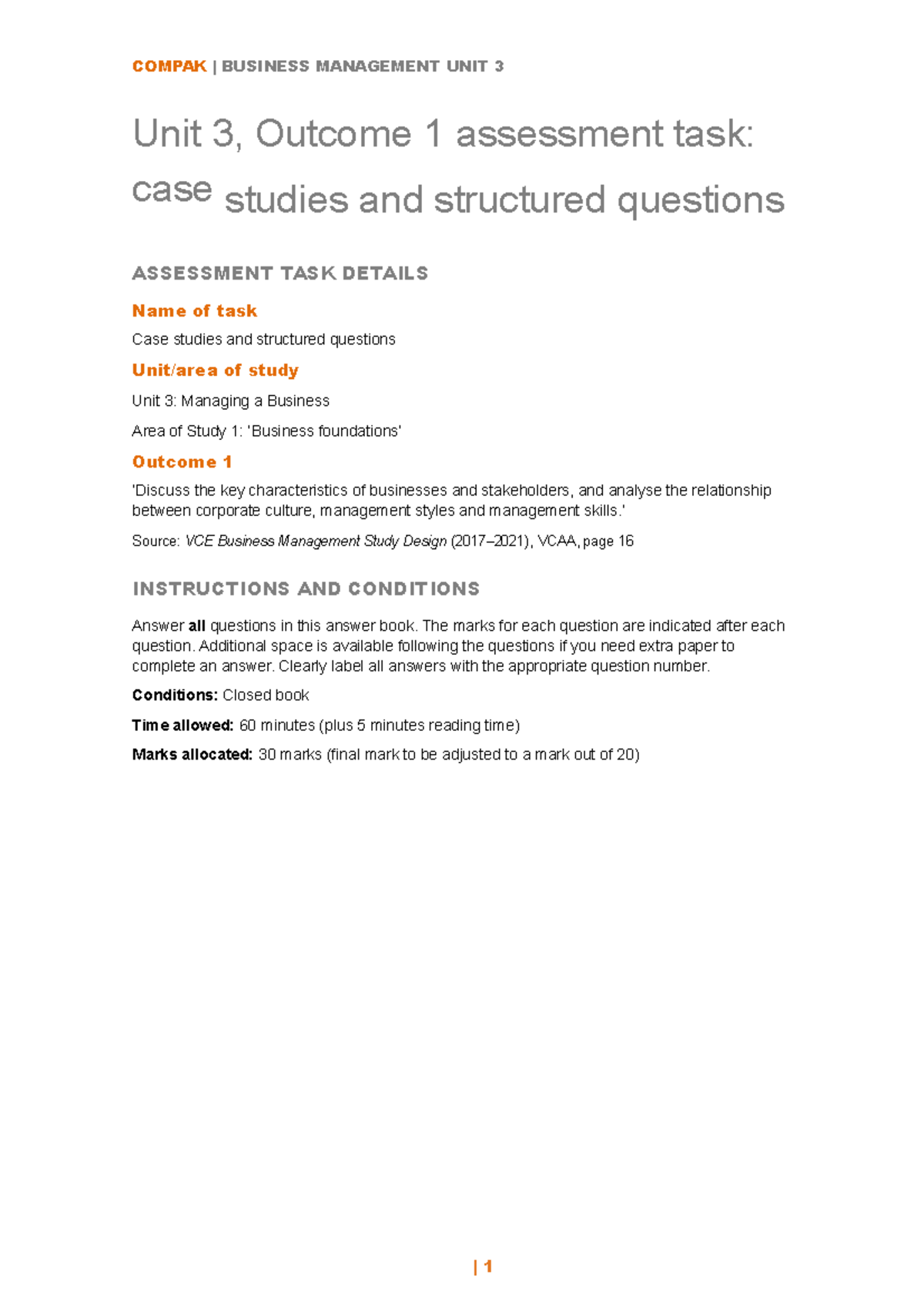 Case Studies and Structured Questions for VCE Business Management Unit ...