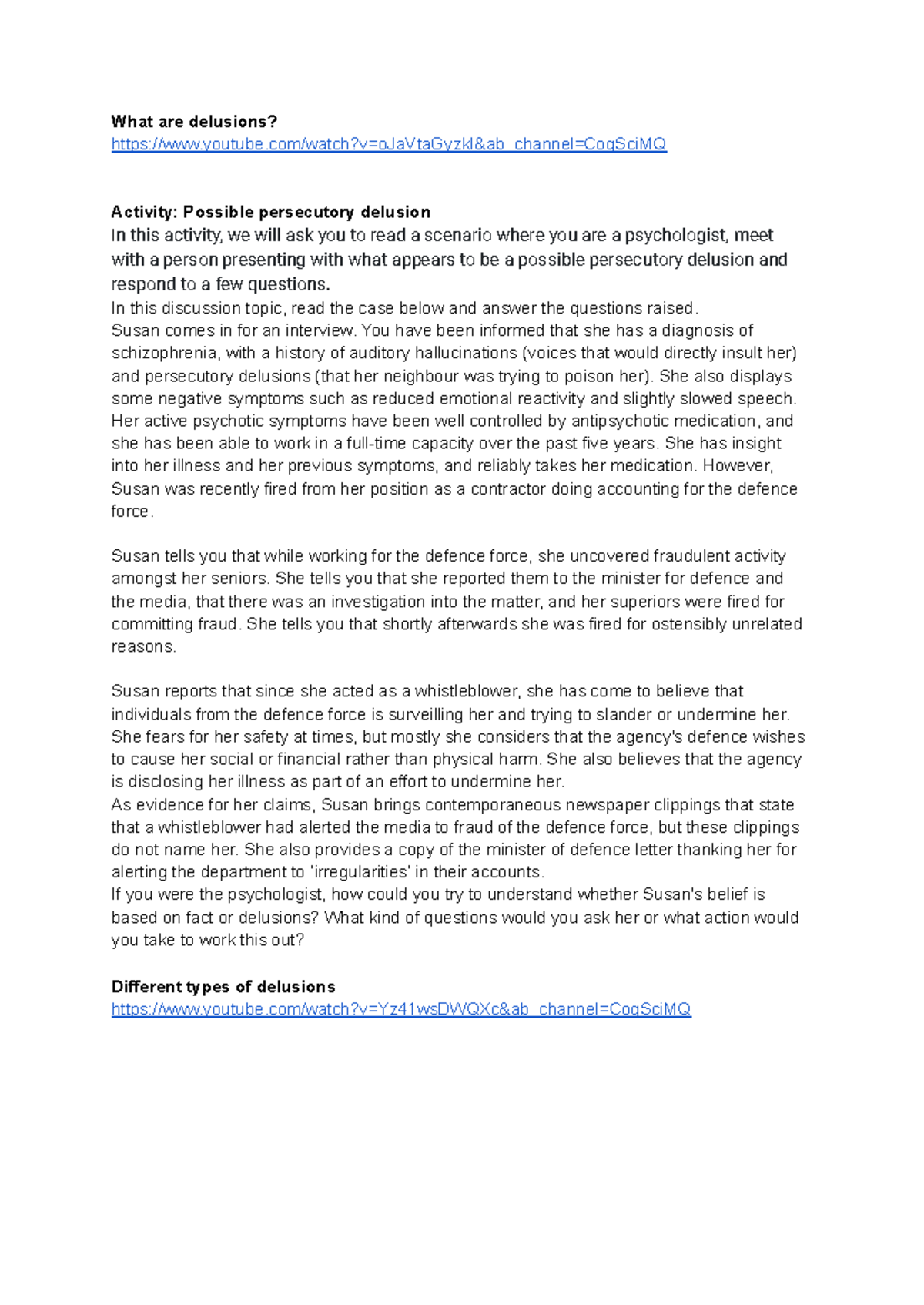 Week 9 Lecture Materials: Understanding Delusions in Psychology - Studocu