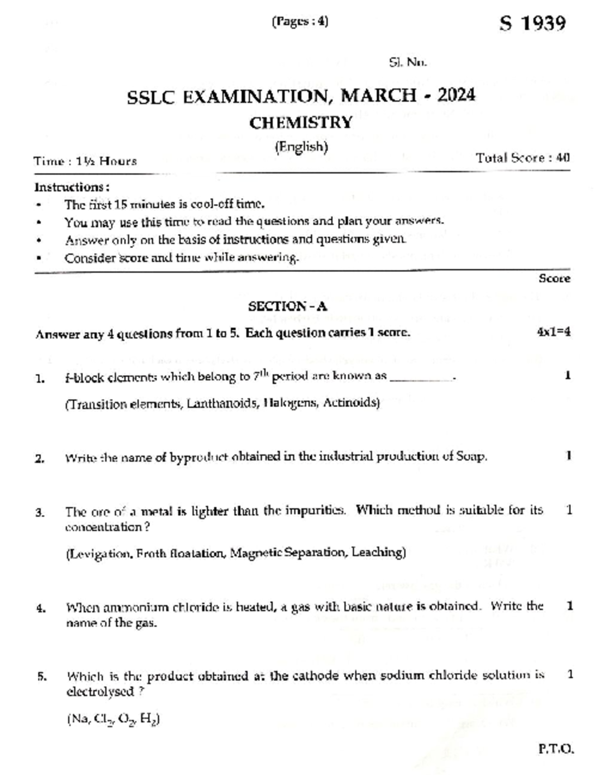SSLC Model Exam Chemistry Question Paper March 2024 - Studocu