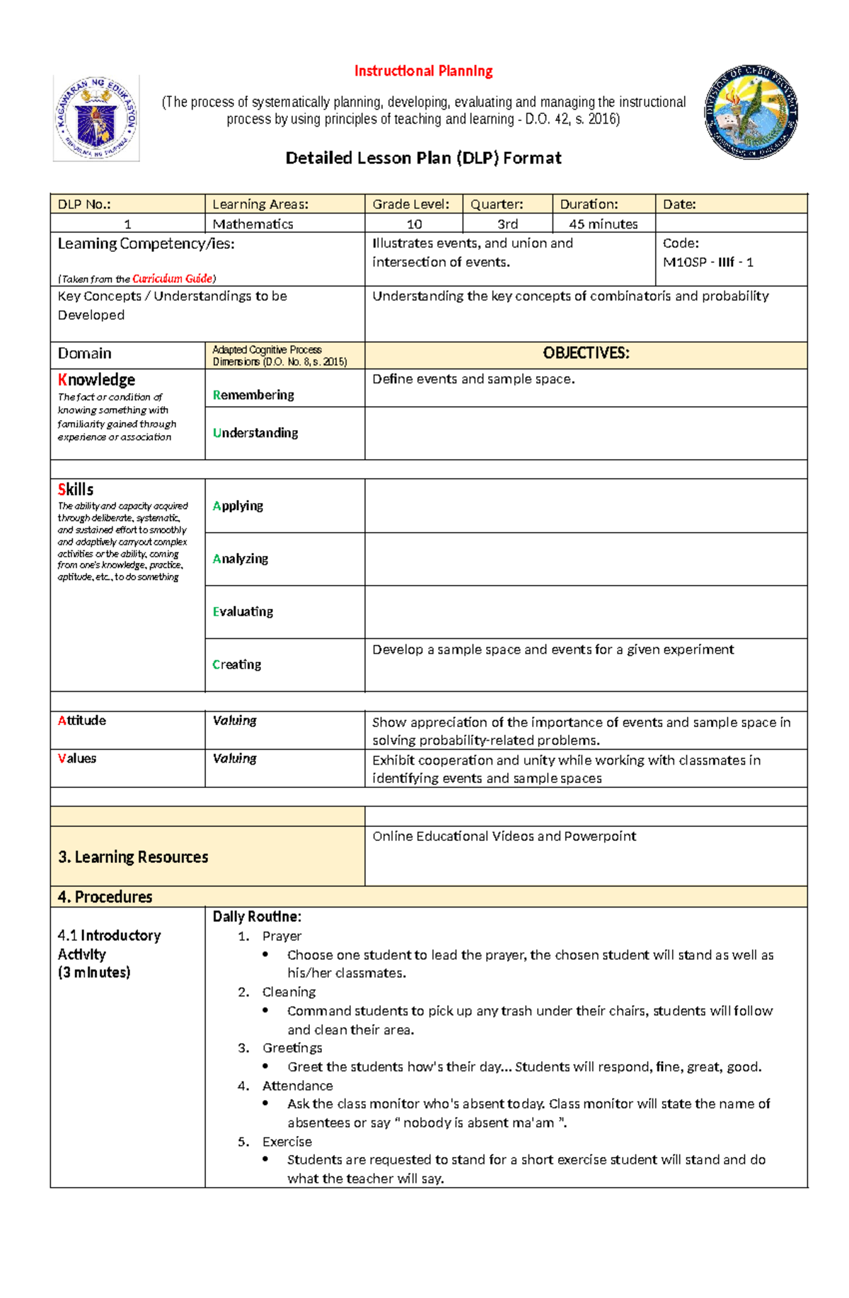 DLP (40) - Detailed Lesson Plan on Events and Sample Space in Math ...