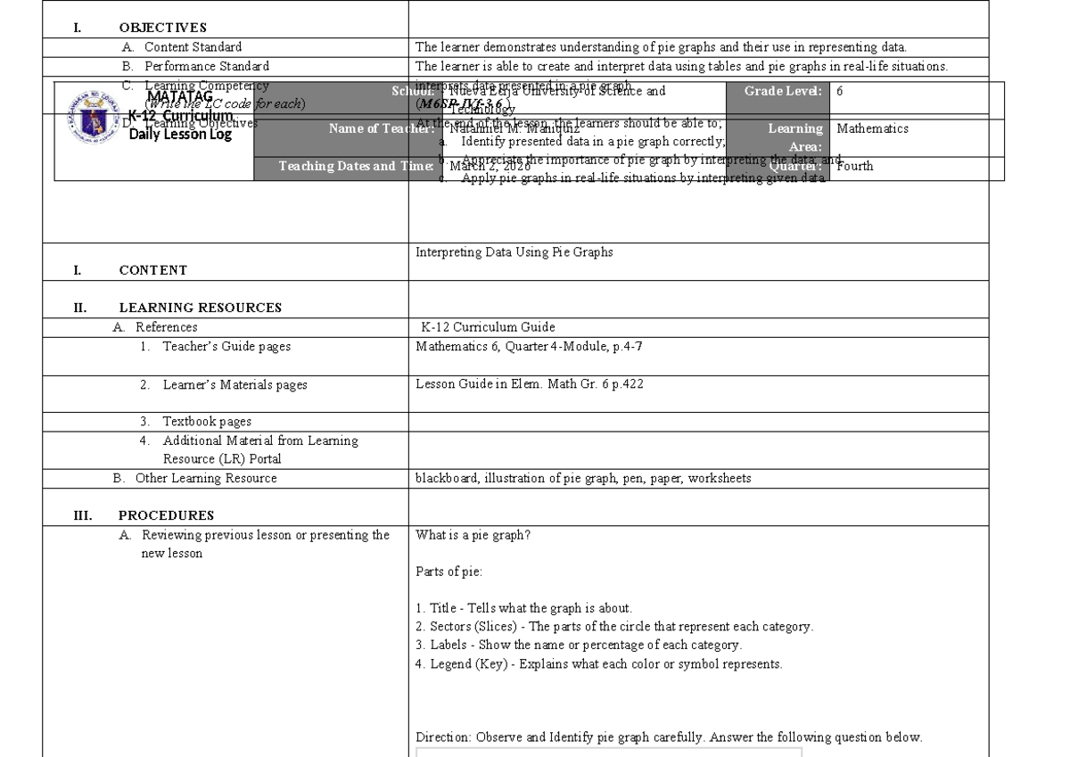 Revised Lesson Plan: Interpreting Data Using Pie Graphs (MATATAG) - Studocu