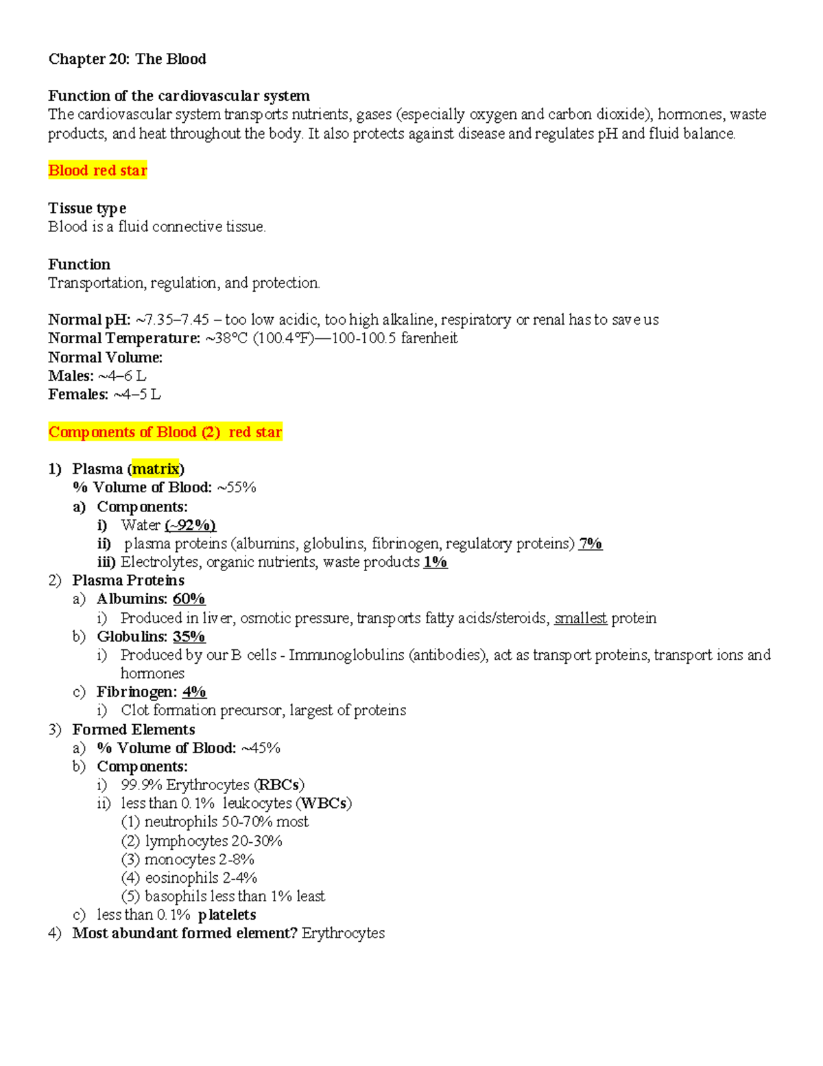 Chapter 20: The Blood Function in Cardiovascular System (Anatomy 260 ...