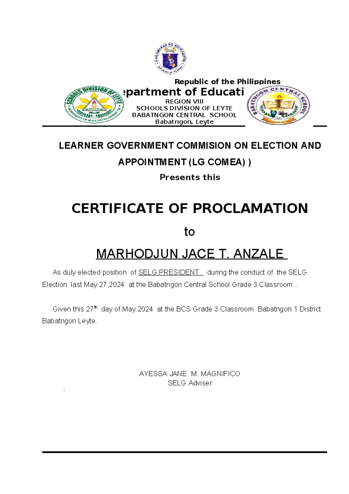 Certificate OF Proclamation SELG - Republic of the Philippines ...