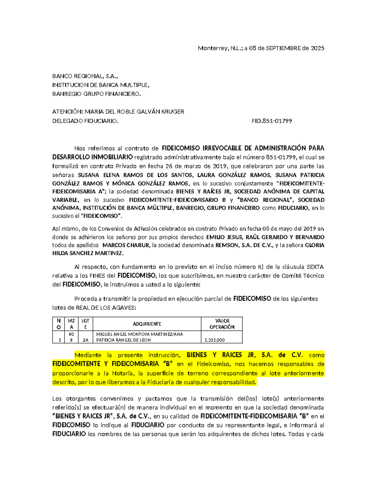 Instrucción de Fideicomiso para Miguel Angel Montoya - 2025 - Studocu