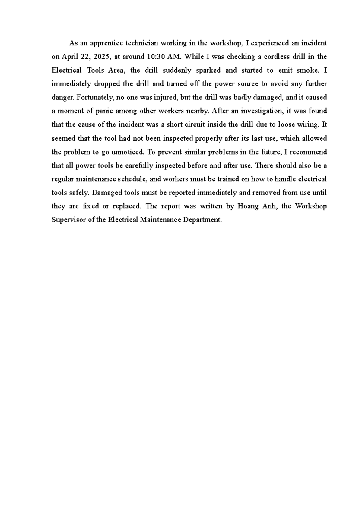 Incident Report: Electrical Tool Safety - Unit 3 - Studocu