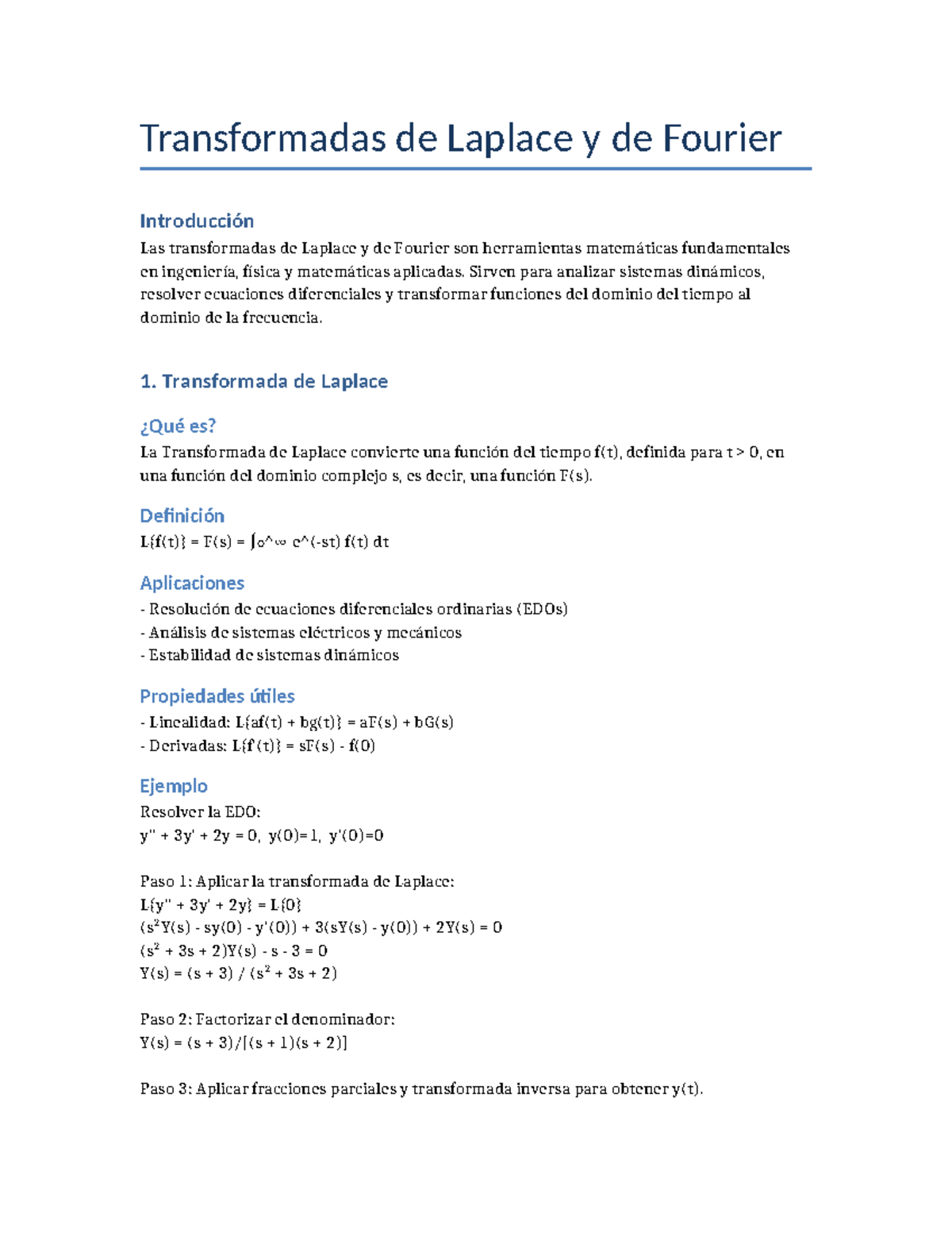Transformadas de Laplace y Fourier: Introducción y Aplicaciones - Studocu