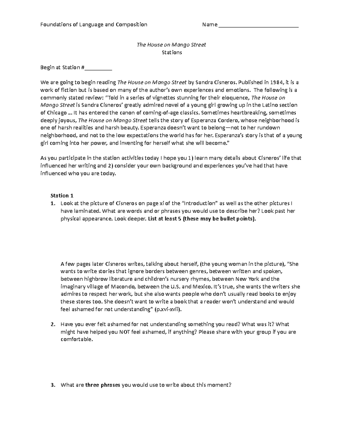 The House on Mango Street Stations - Studocu