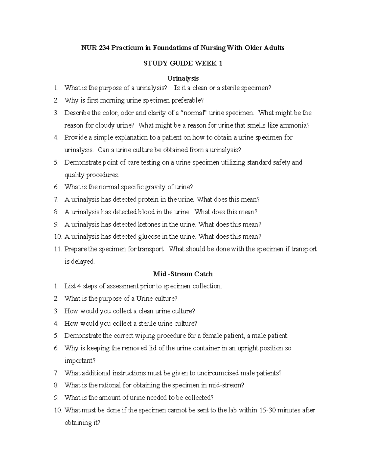 NUR 234 Week 1 Study Guide: Urinalysis & Specimen Collection Techniques ...