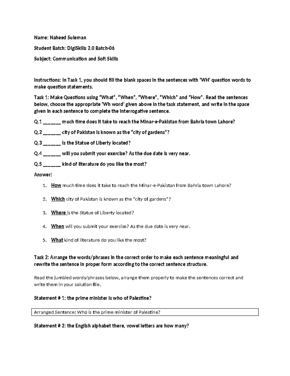 COM 1 - Grammar Assignment: WH Questions and Sentence Structure - Studocu