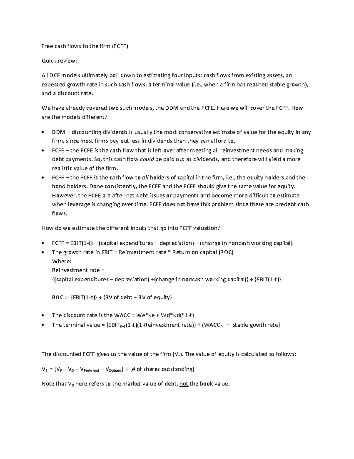 FCFF Valuation Overview: Key Inputs and Models Explained - Studocu