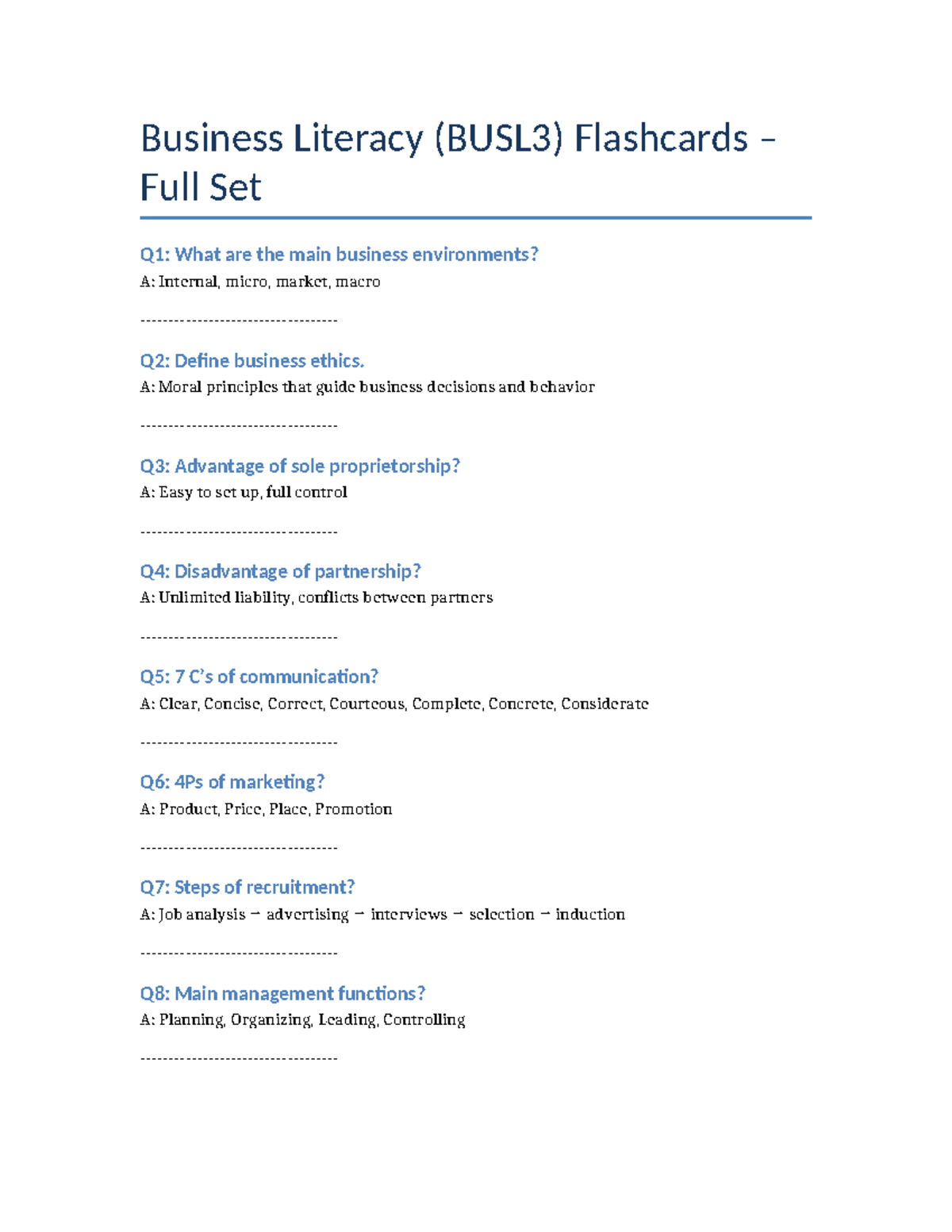 BUSL3 Business Literacy Flashcards: Key Concepts and Definitions - Studocu