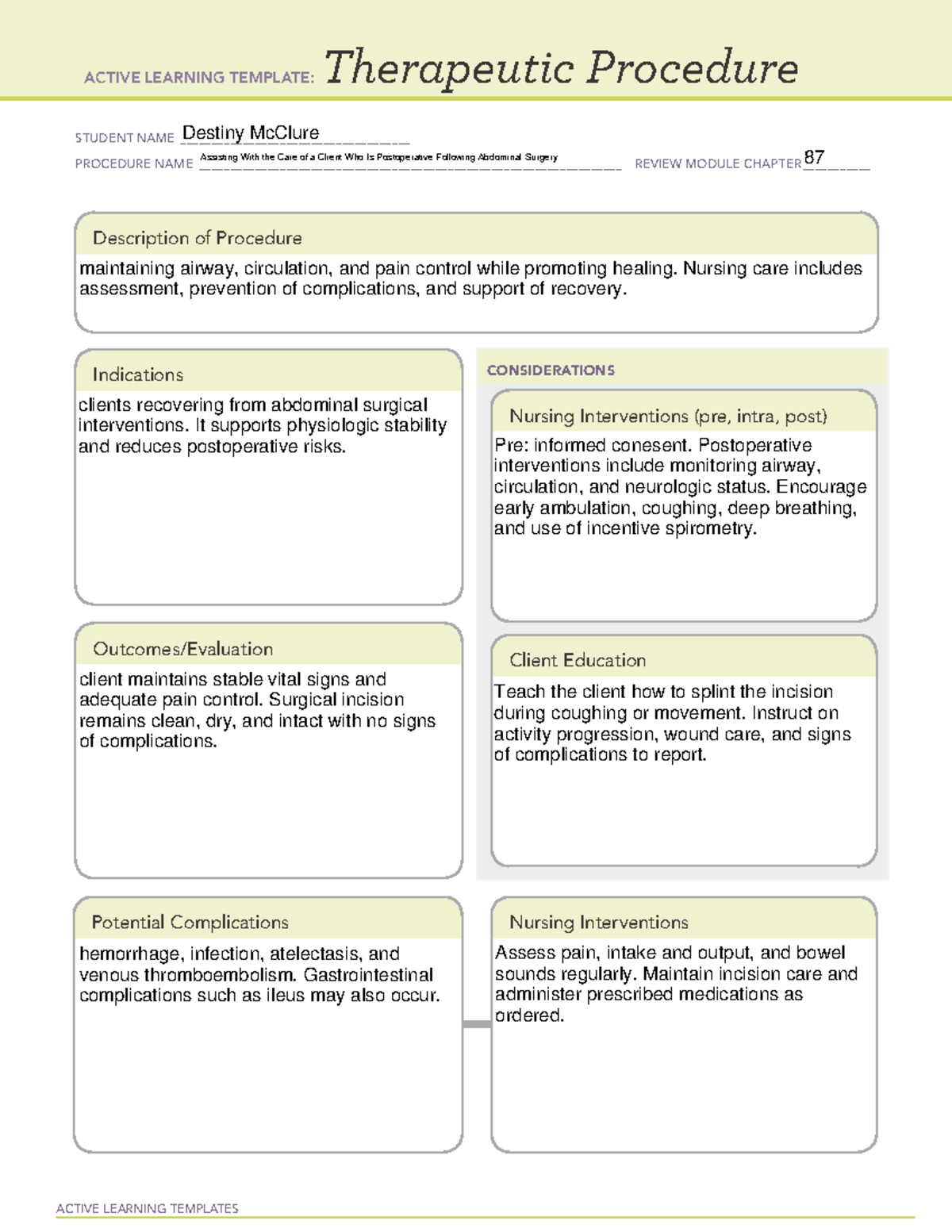 ACTIVE LEARNING TEMPLATE: Nursing Care for Postoperative Clients CH87 ...